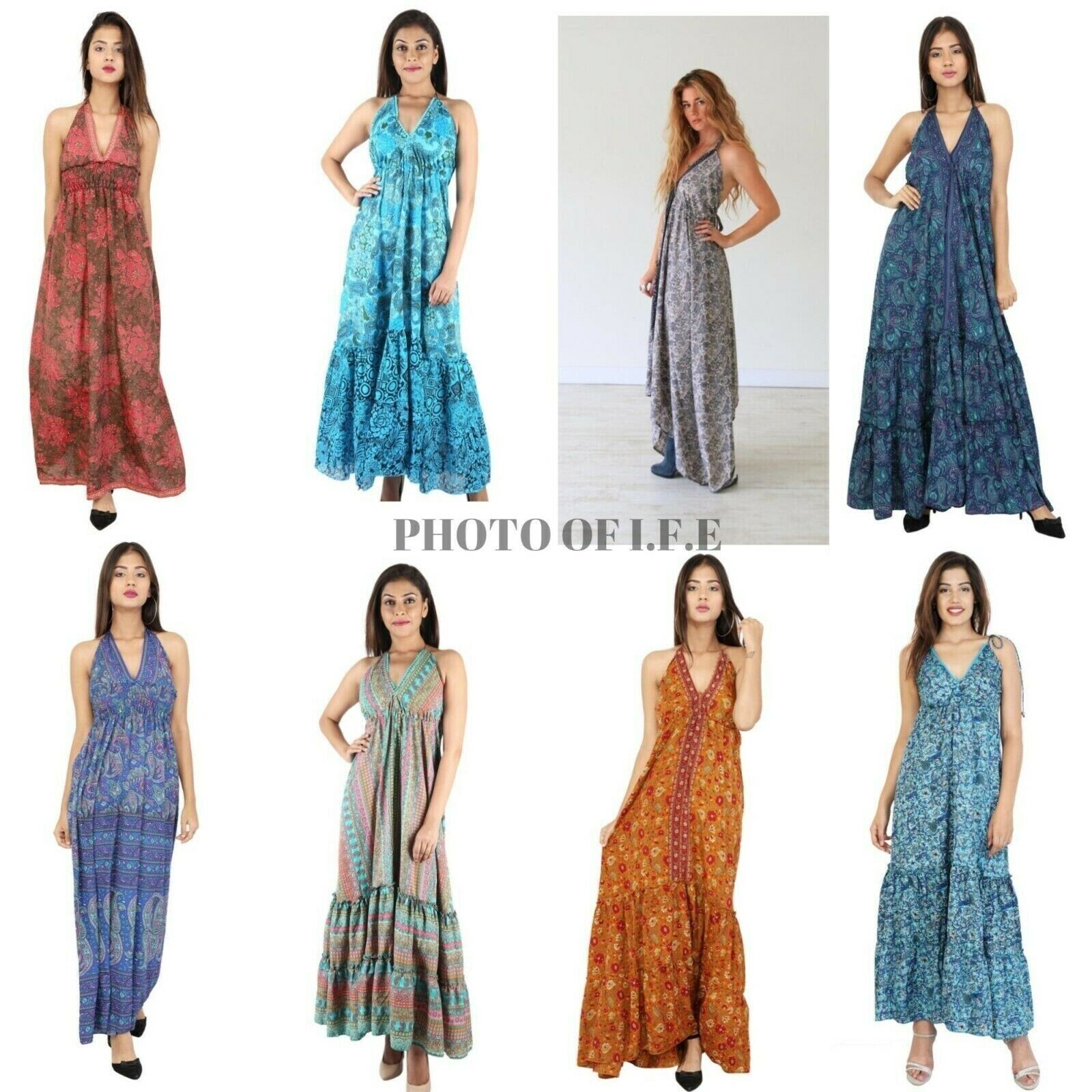 LOt of 5 PC Indian Vintage Recycle Sari Silk Maxi Beach Sundress Boho ...