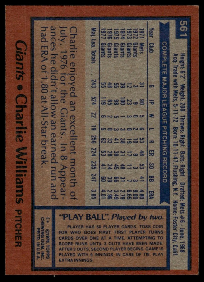 1978 Topps #561 Charlie Williams | eBay