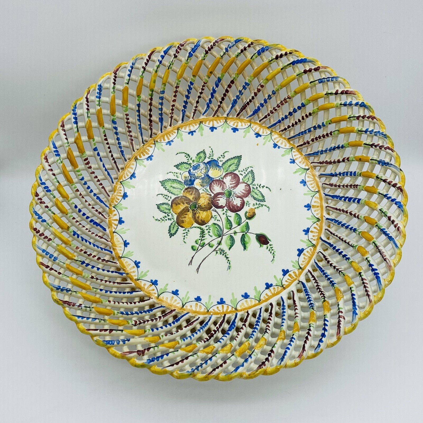 Ceramic Lattice Basket Weave Woven Bowl Hand Painted Spain Signed ...
