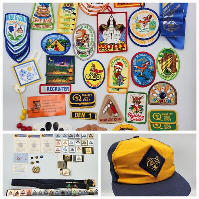 Huge Lot of 105 Boy Scout Cub Scout Weblo Patches Belt Slide Badges Cap ...