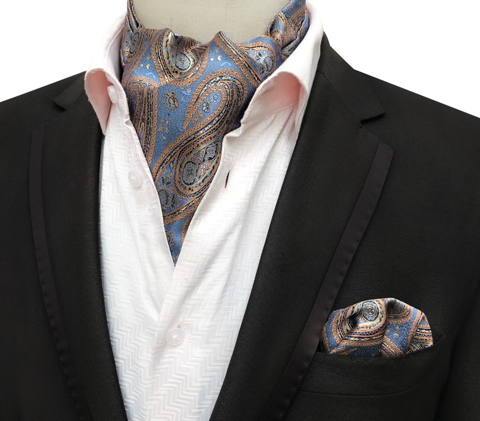 Classic Men's Ascot Cravat Tie Silk Paisley Blue Black Scarves Cravat ...