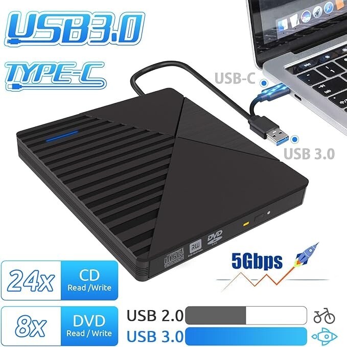 Slim External USB 3.0 DVD CD RW Writer Drive Burner Reader Player For ...