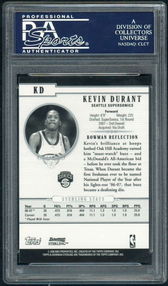 2007-08 Bowman Sterling #KD Kevin Durant Supersonics RC Rookie PSA 10 ...