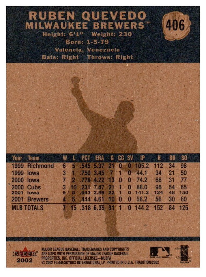 2002 Fleer Tradition #406 Ruben Quevedo MT-NRMT | eBay