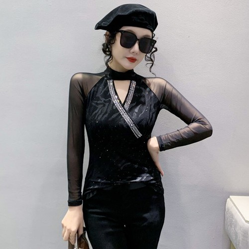 Sexy Fashion Womens Rhinestone Slim Tops Blouses Mesh Long Sleeve ...