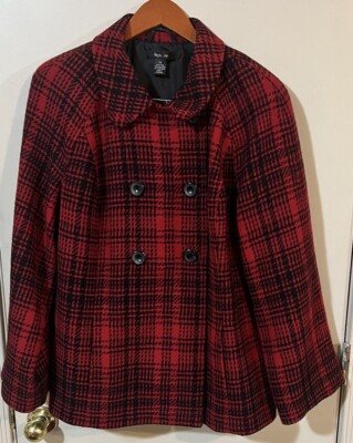 Vintage Style & Co Plaid Wool Swing Coat Size XL Red Black Pea Coat | eBay