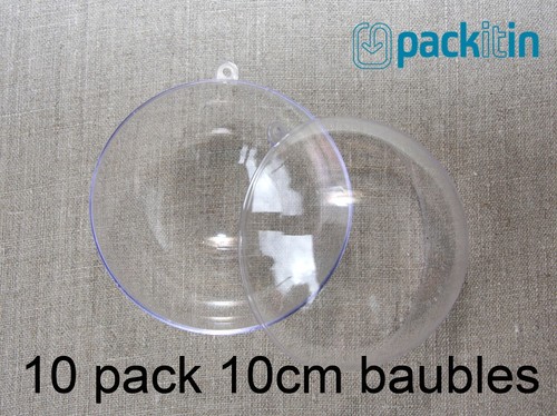 10cm (x10 qty) Clear Acrylic Two Piece ROUND Baubles Balls christmas ...