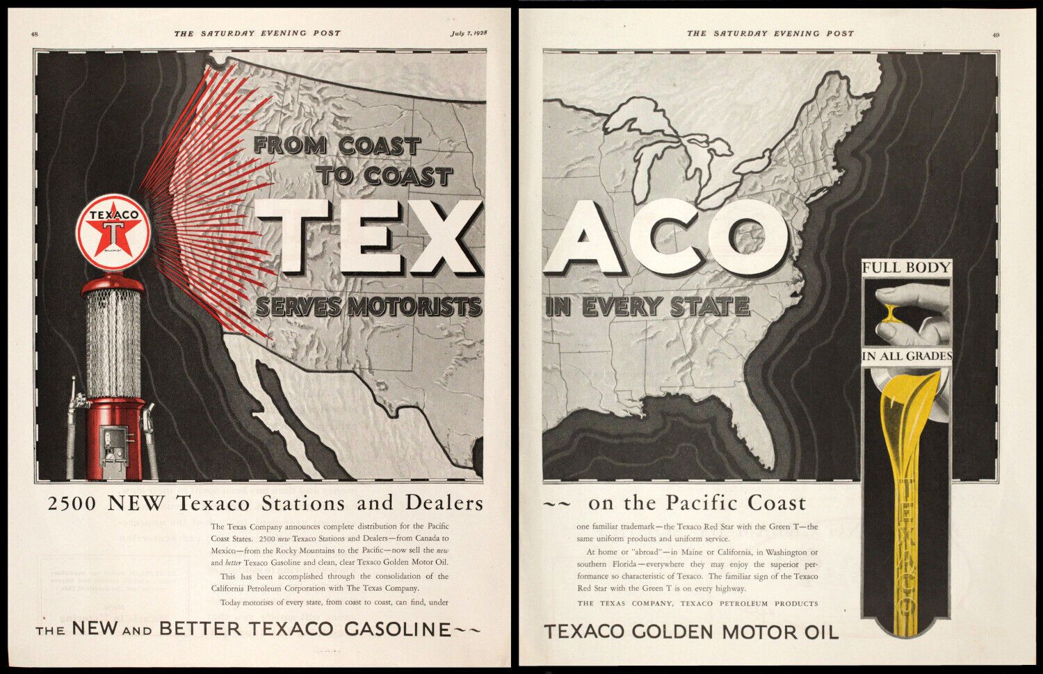 1928 2-Pg TEXACO Gasoline & Oil Coast to Coast Visible Pump Stations ...