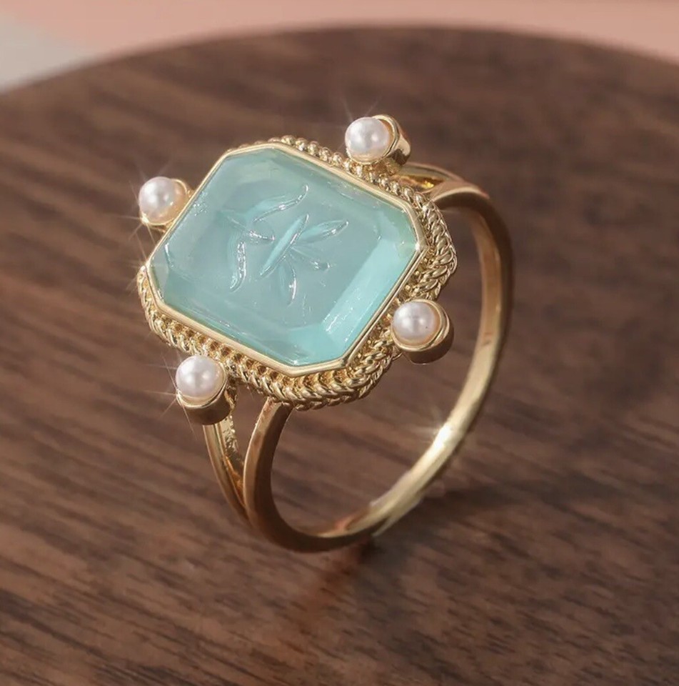 Museum Edwardian Intaglio Ring Size 6 Green Pearl Gold Cameo Flower Aqua Blue | eBay