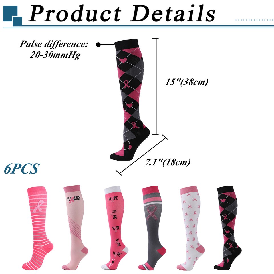 6X Women Pink BREAST CANCER Compression Socks 20-30mmHg Knee High ...