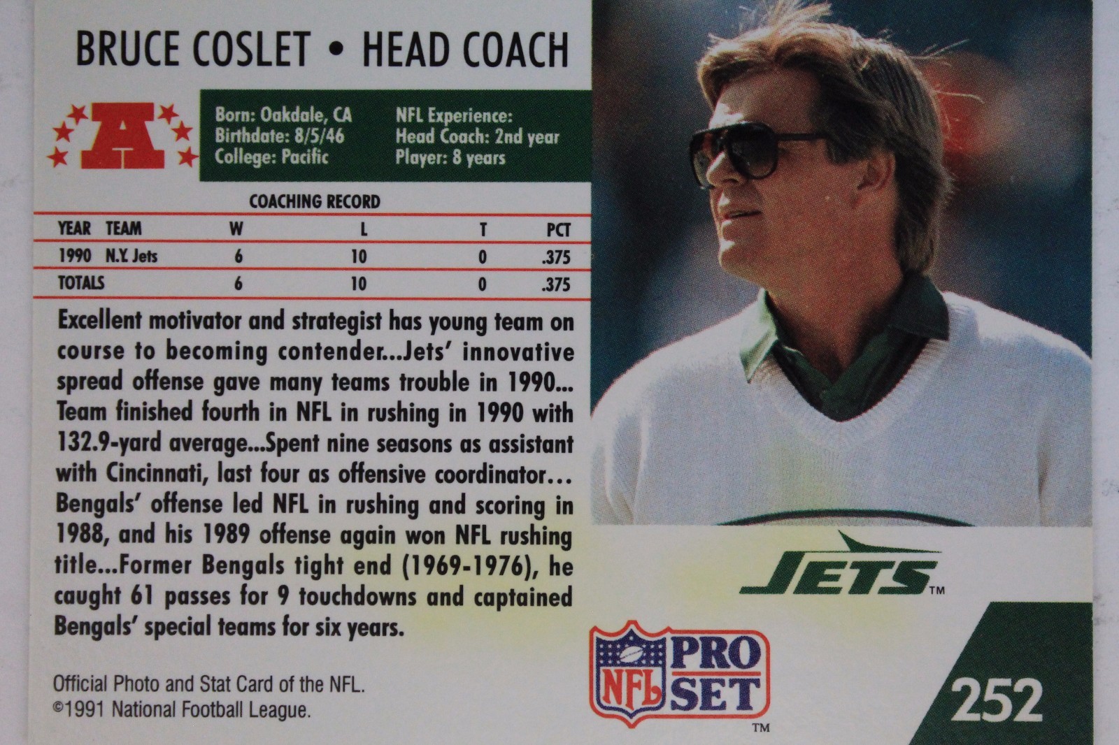 Bruce Coslet NY Jets Coach Autograph 1991 NFL Pro Set #252 Signed Card ...