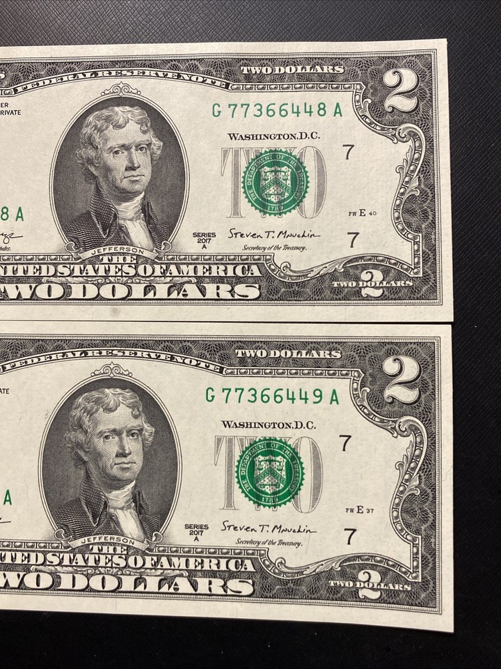 Consecutive Triple Double Fancy Serial Number $2 Dollar Bill G 77366448 ...