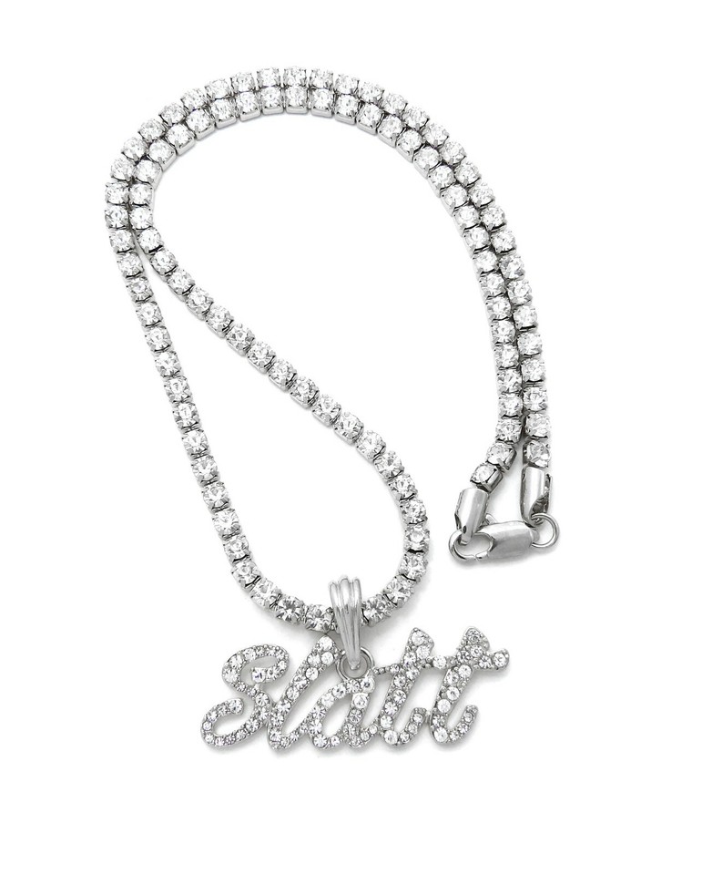Silver PT Slatt Pendant & 16" 18" 20" Rhinestone Choker Chain Fashion ...