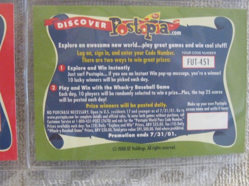 2000 Post Cereal Postopia Baseball World Pass Game Card Green Mint ...