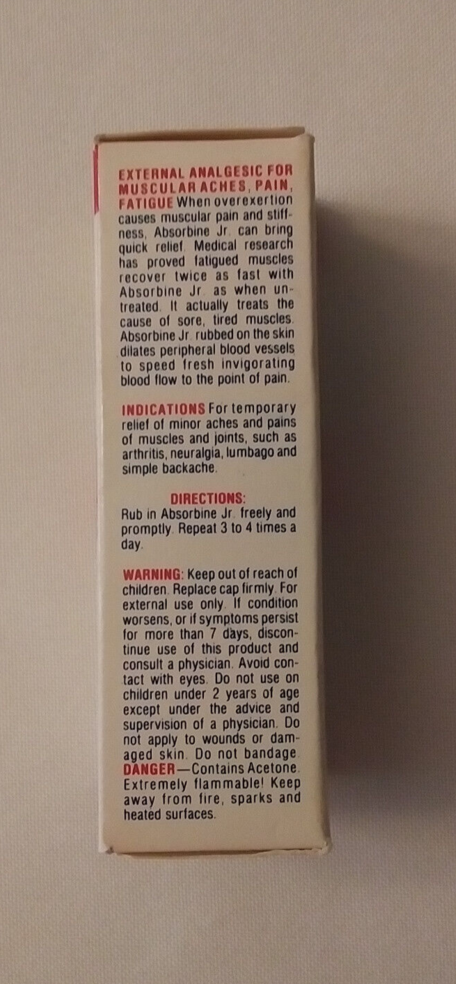 VTG 70s .42 FL. OZ. GLASS BOTTLE ABSORBINE JR. HALF FULL w/PAPER INSERT ...