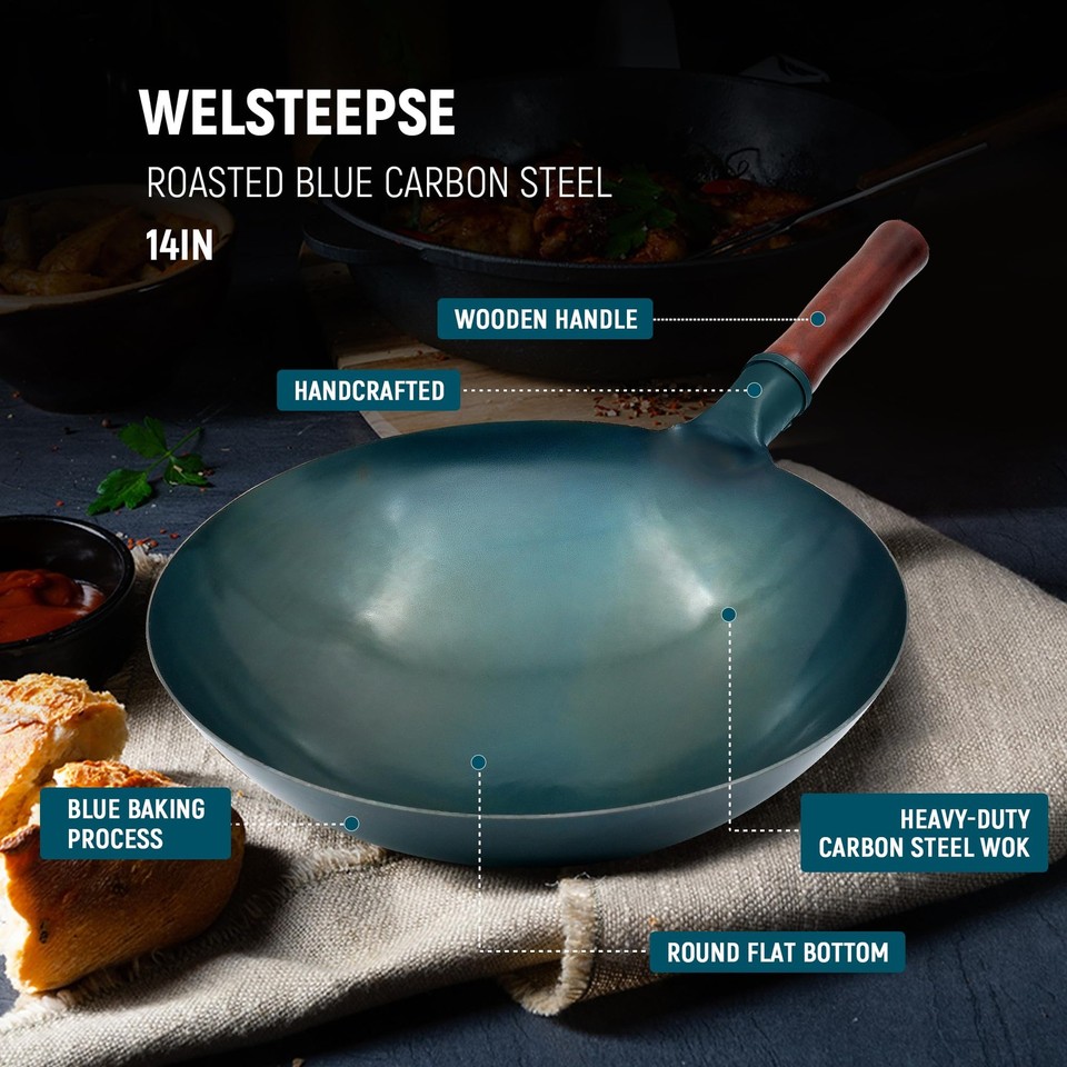 Carbon Steel Wok Traditional Hand Hammered Wok,14 Inch,Round Bottom ...
