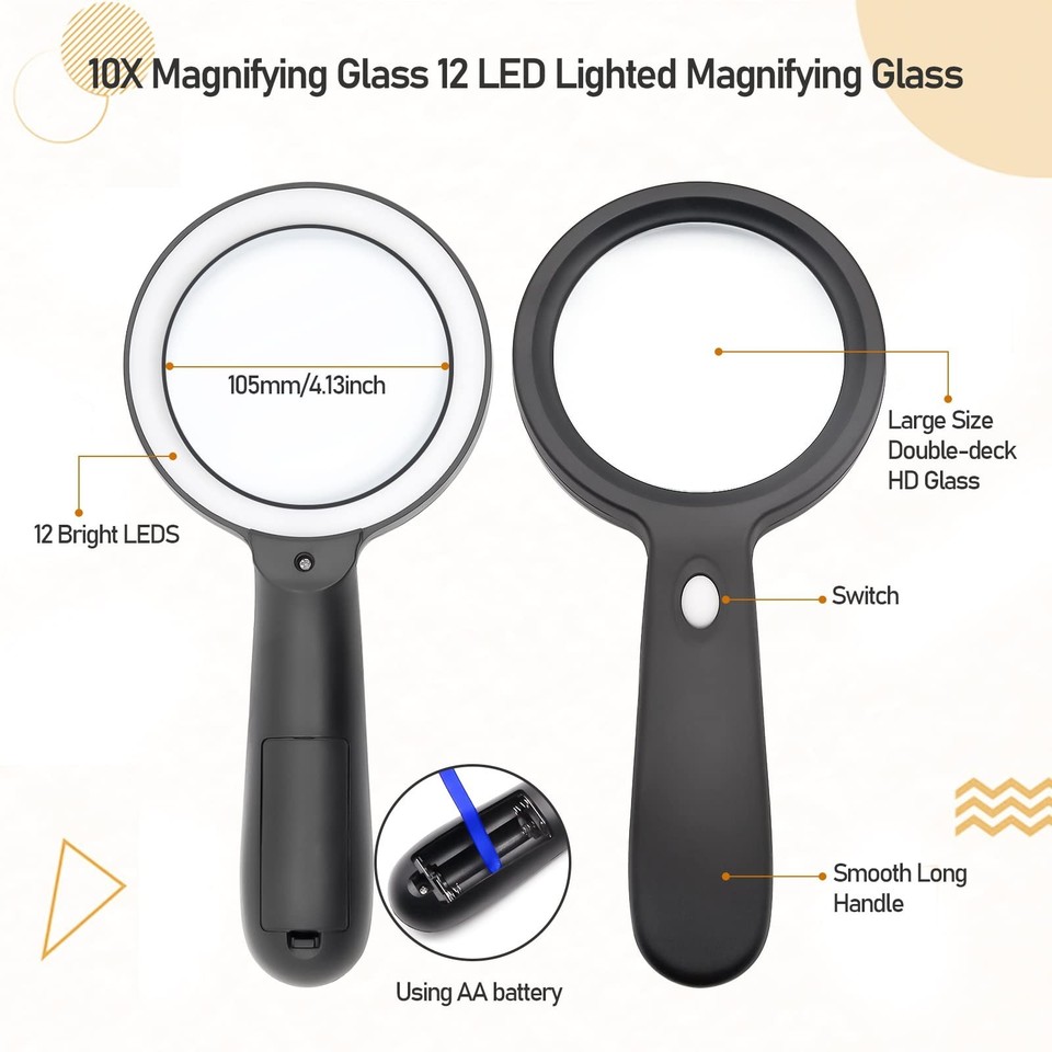 Magnifying Glass with Light, 10X Handheld Large Magnifying Glass 12 LED ...