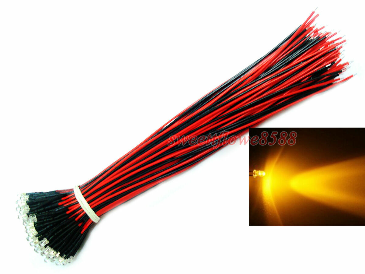 100 pcs 3mm Yellow LED Lamp Light Set 20cm Pre Wired Light Bulb 12V DC ...