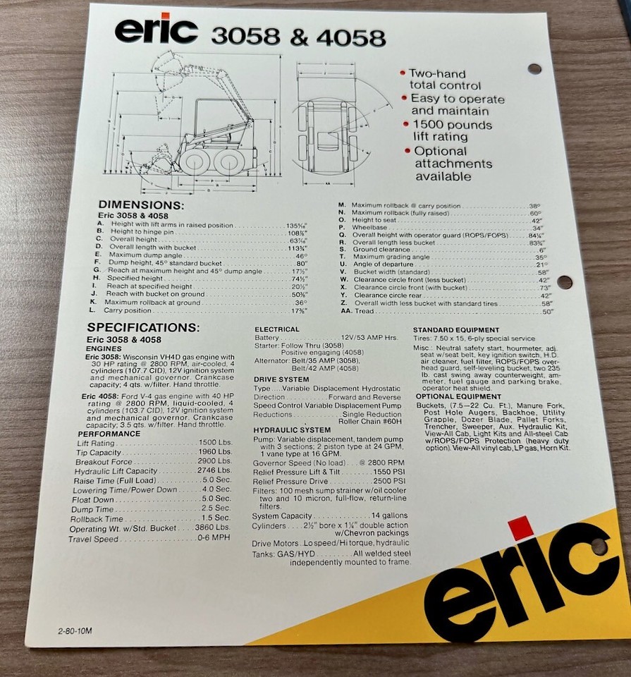 44 Total NOS ‘ERIC’ Erickson Corporation Skid Steer Loader Brochures 1980 | eBay