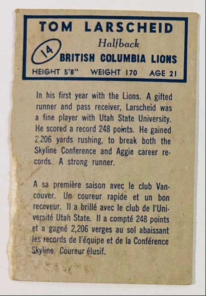 1962 TOPPS CFL #14 TOM LARSCHEID (R) BRITISH COLUMBIA LIONS All ...