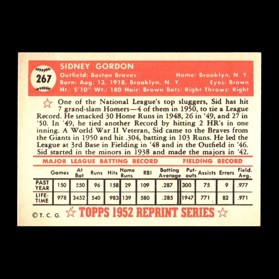 Sid Gordon 1983 Topps 1952 Reprint Series Boston Braves #267 NM GREAT ...
