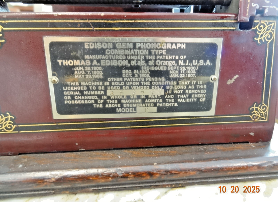 EDISON MODEL D MAROON GEM RED GEM PHONOGRAPH 2-4 MINUTE w/ K REPRODUCER ...