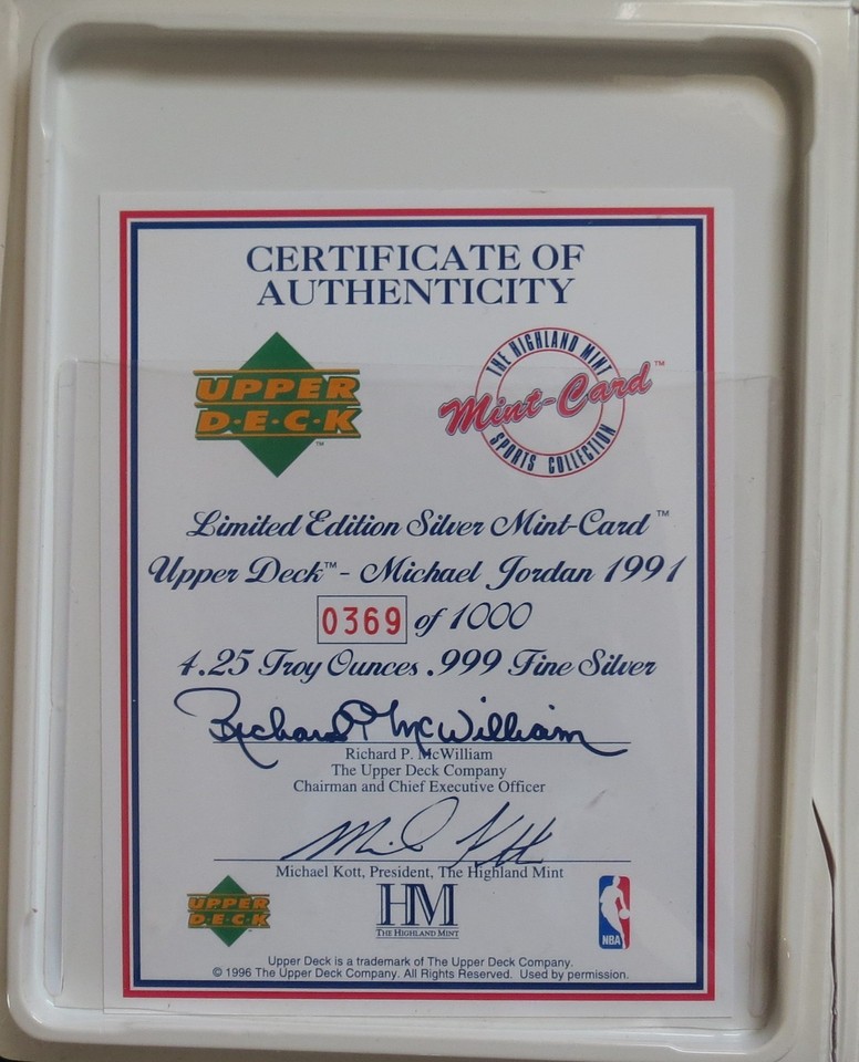 Highland Mint 1991 Upper Deck Michael Jordan 4.25 Oz .999 Fine Silver ...