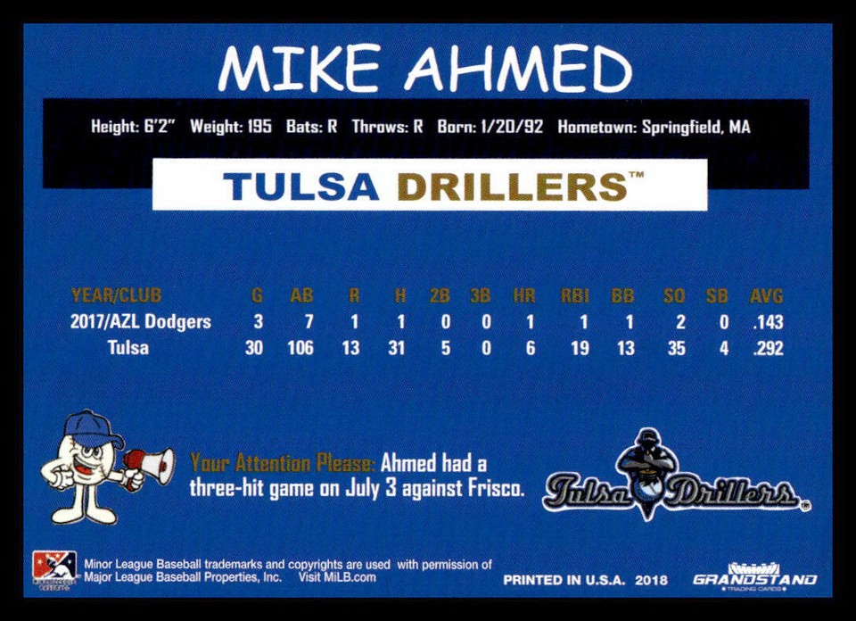 2018 Grandstand Tulsa Drillers Mike Ahmed #NNO Team Card Tulsa Drillers ...