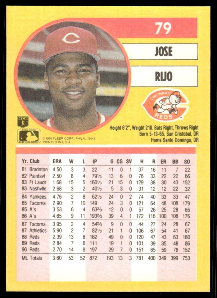 1991 Fleer Baseball Card Jose Rijo Cincinnati Reds #79 | eBay