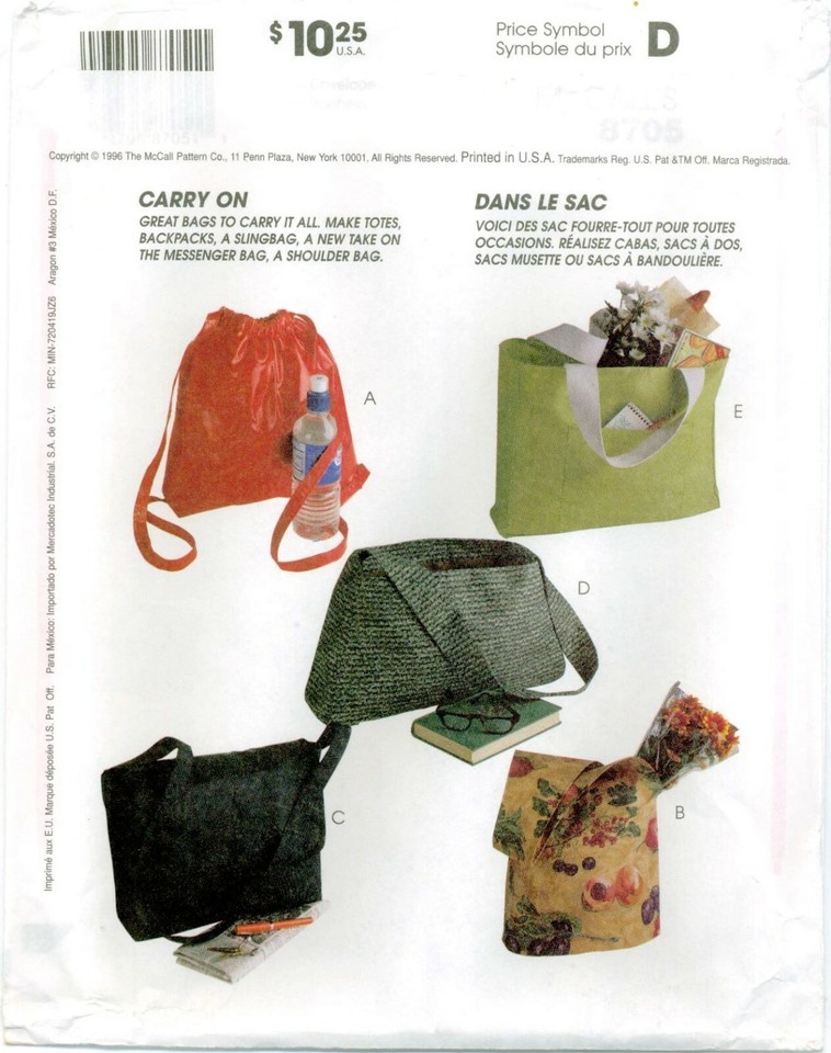 McCalls 8705 CARRY BAGS Tote Sling Backpack Messenger Sewing Pattern ...