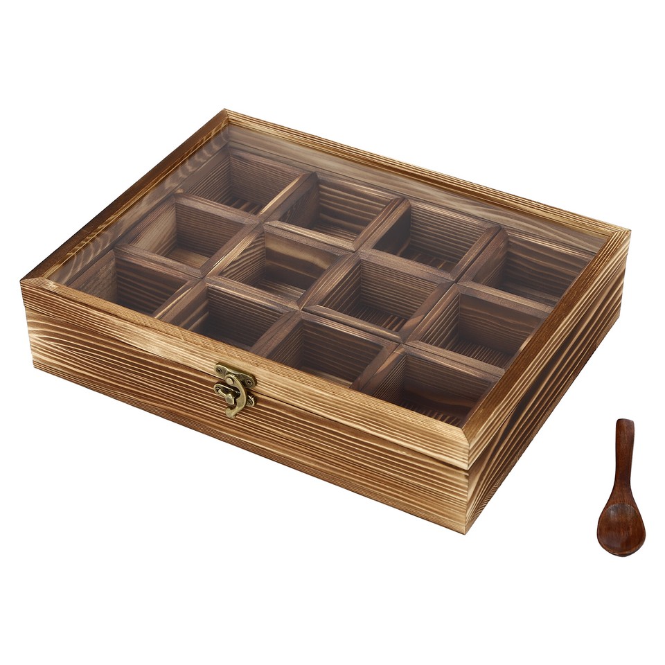 Wooden Spice Box+Wooden Spoon Wooden Spice Box with 12 Containers Spice ...