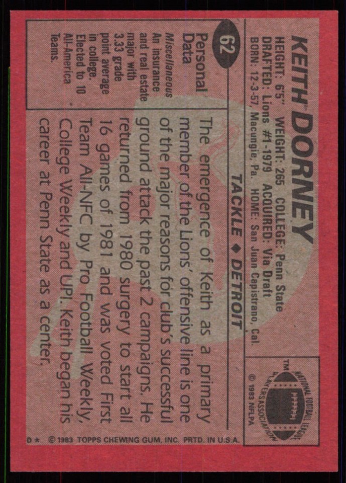 1983 Topps Keith Dorney Rookie Detroit Lions #62 | eBay