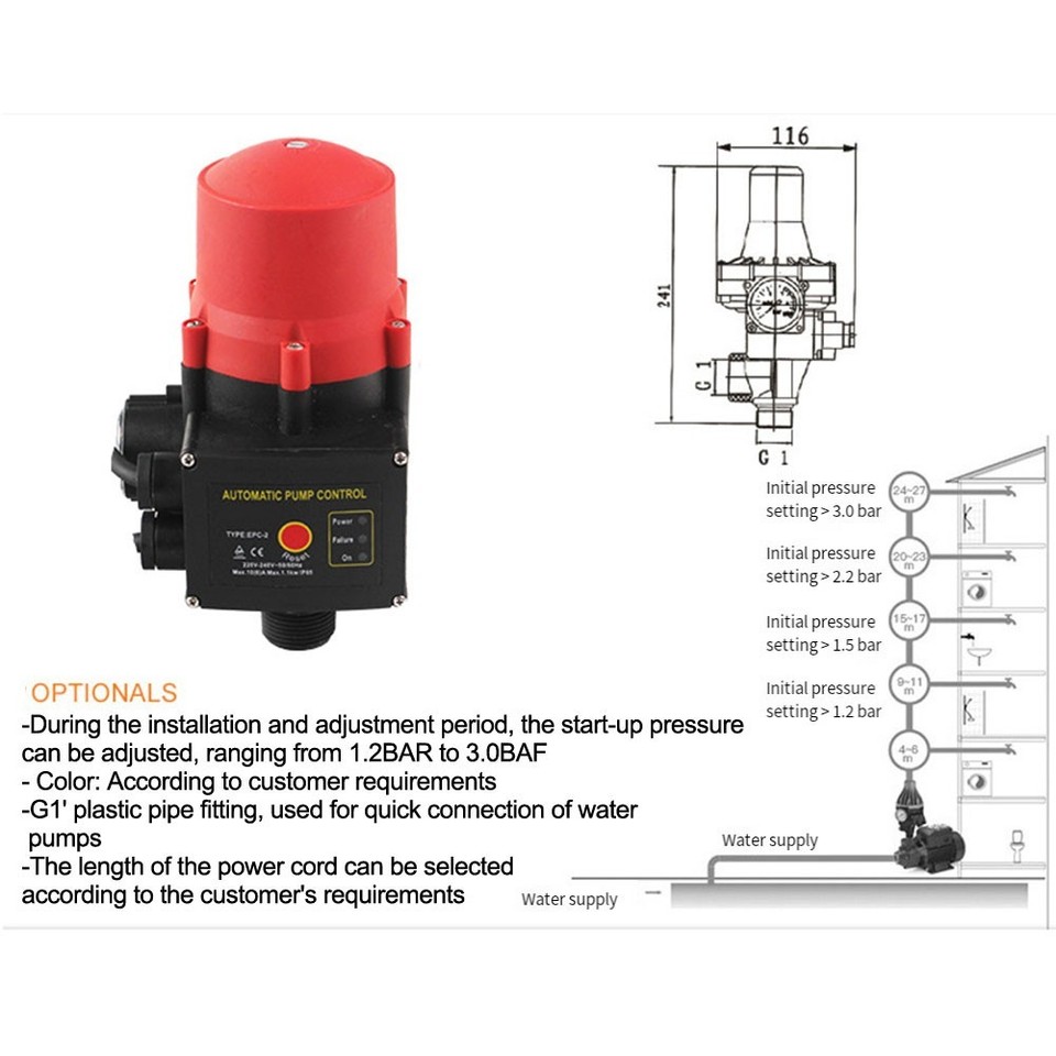 Automatic Water Pressure Control 1100W Pump Switch with IP65 Protection ...