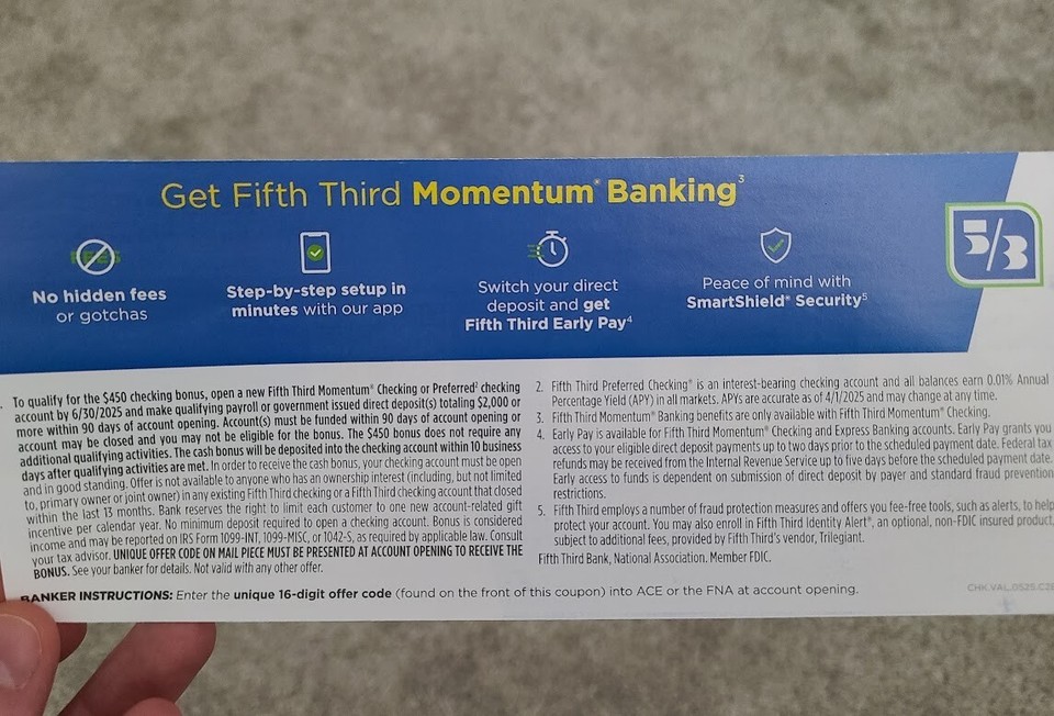 5/3 Fifth Third Bank $450 BONUS Coupon with NEW Checking Account EXP. 6 ...