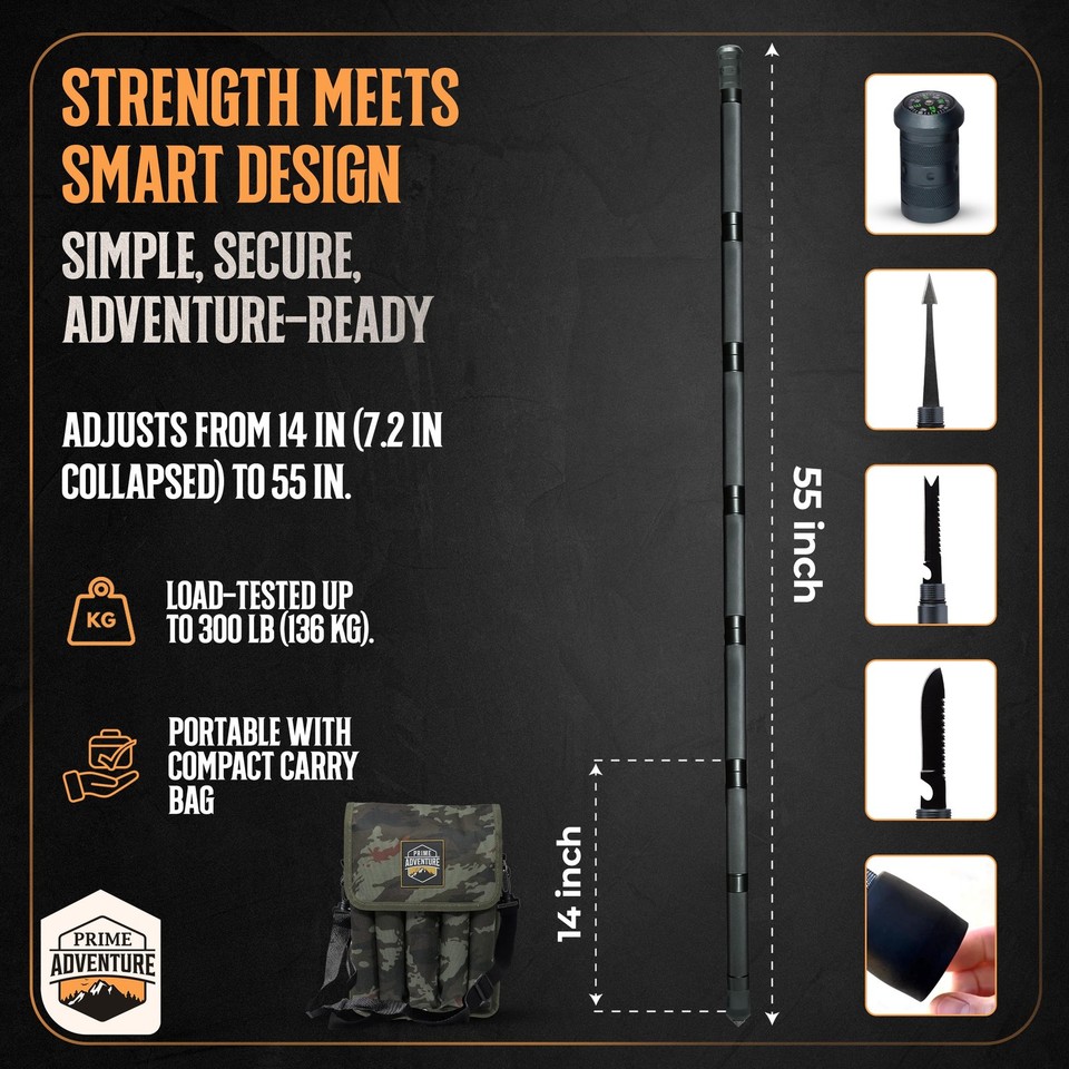 Prime Adventure 15-in-1 Tactical Survival Walking Stick & Hiking Gun ...