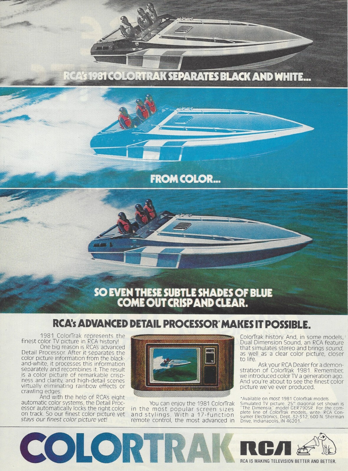 1981 RCA ColorTrak Television TV Speedboat vintage Print Ad 80's ...