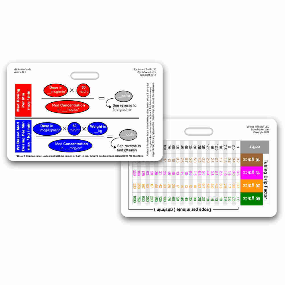 Med Math Drip Titration Horz Badge ID Card Pocket Reference Nurse ...