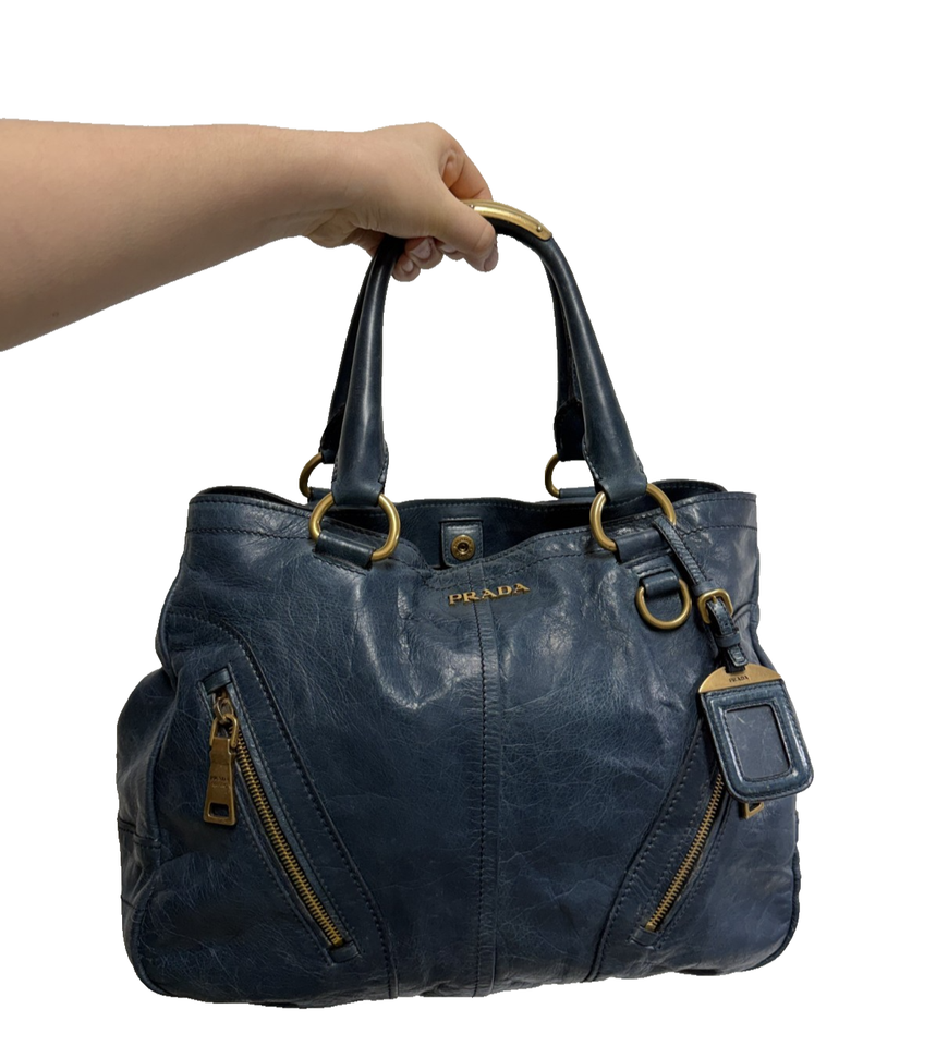Authentic PRADA Vitello Shine Leather Tote Shoulder Bag Deep Ocean Blue ...