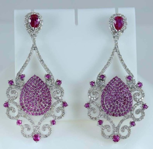 Genuine Chandelier Fine Pink Rubies With Shiny White CZ Wedding Women's ...