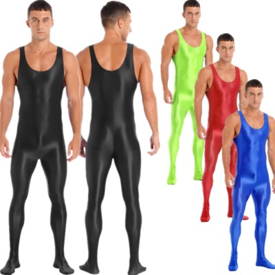 Mens Oily Glossy Round Neck Bodysuit Sleeveless Footed Bodystocking ...