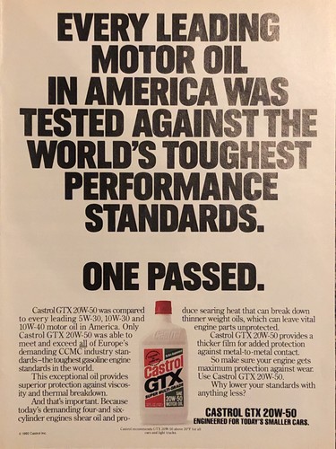 1992 Castrol GTX Motor Oil PRINT AD Passed Toughest Performance ...