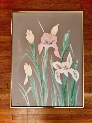 Signed J. Allen Floral Oil Painting on Canvas 40.5” 30.5” Mid Century ...