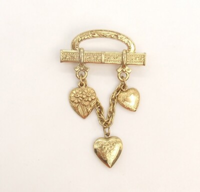 2.75" High Gold Plated Triple Heart Dangle Picture Locket Chain Brooch ...