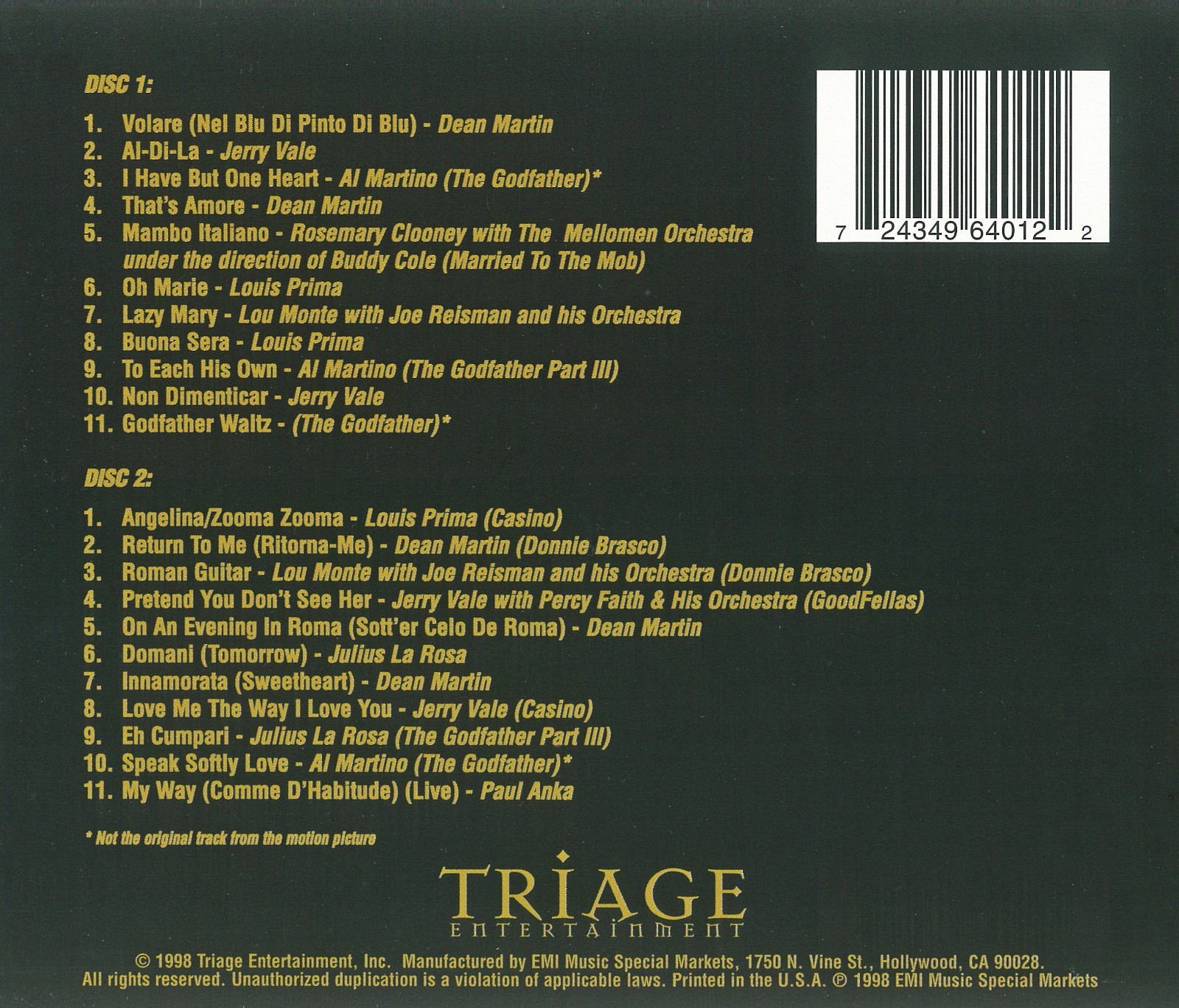 Mob Hits - Music From and a Tribute to the Great Mob Movies 2 Audio CD ...