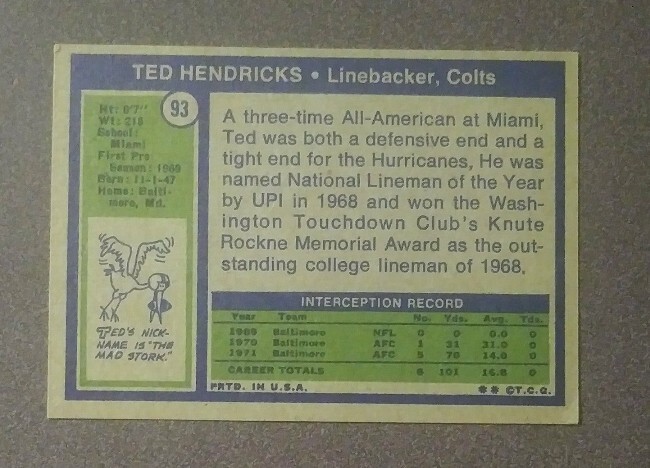 1972 Topps Ted Hendricks Baltimore Colts #93 Rookie The Mad Stork ...