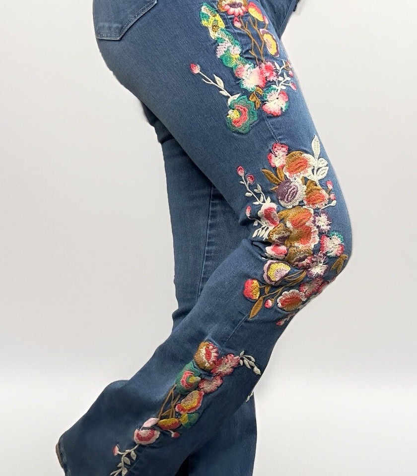 Vintage Mid Rise Floral Embroidered Bell Bottom Flare Denim Jeans Pants ...