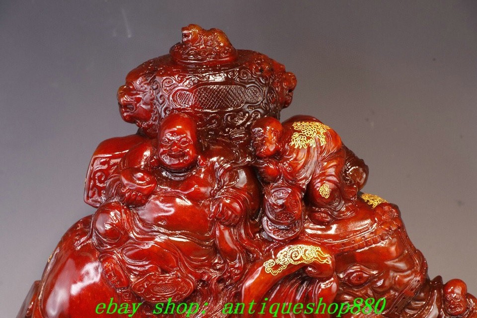 22''Old Chinese Red Shoushan Stone Carved Arhat Rohan Elephant ...