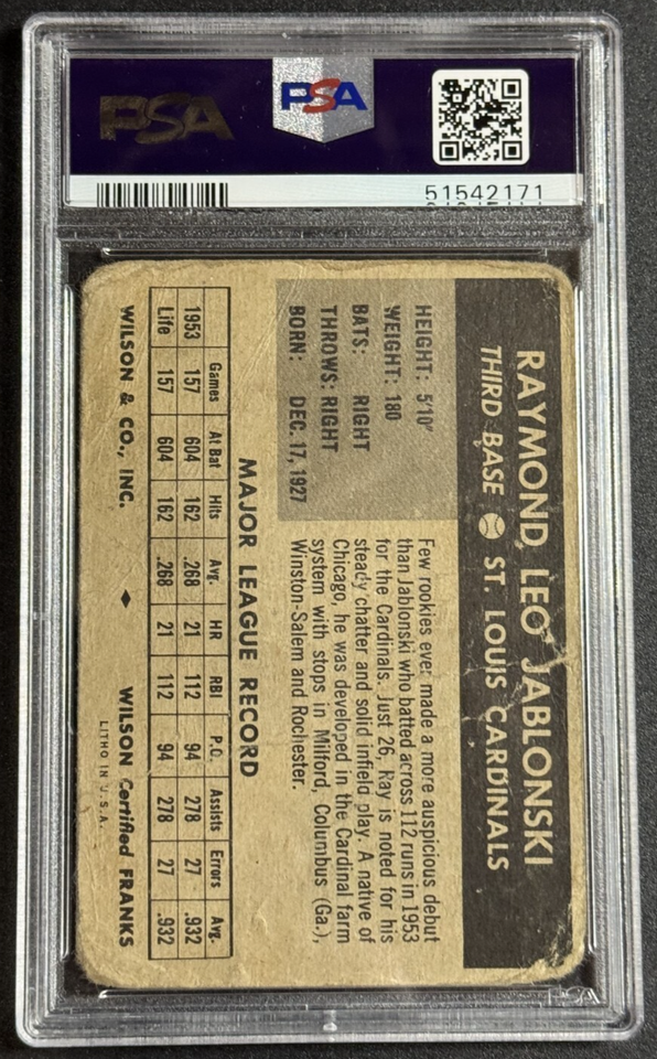 1954 Wilson Franks Ray Jablonski PSA 1 PR St. Louis Cardinals | eBay
