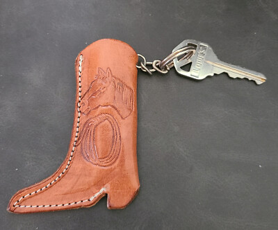 Vintage Genuine Leather Cowboy Boot Key Chain Fob Horse & Rope Embossed ...