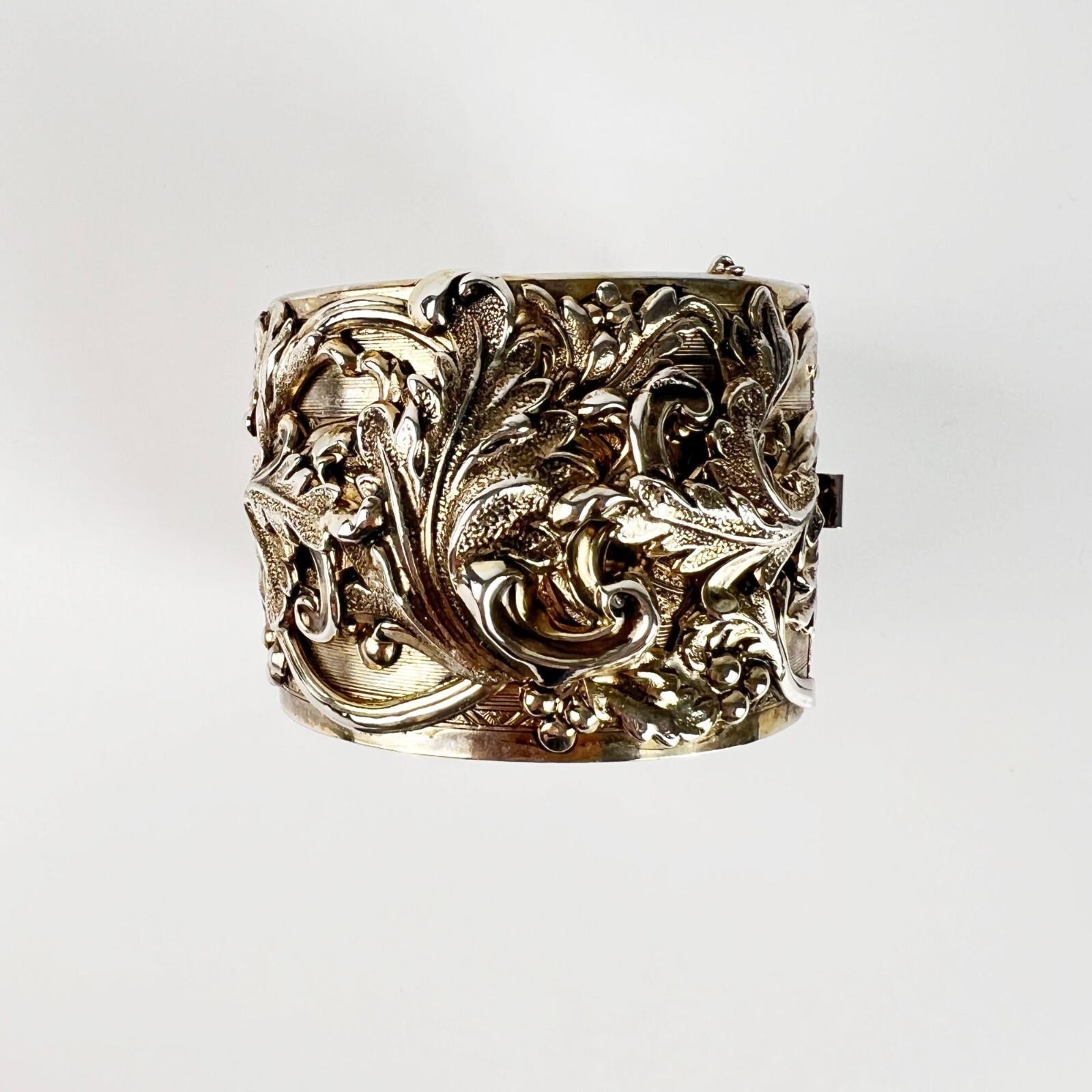 Victorian Revival Silver Tone Wide Hinged Floral Bang… - Gem